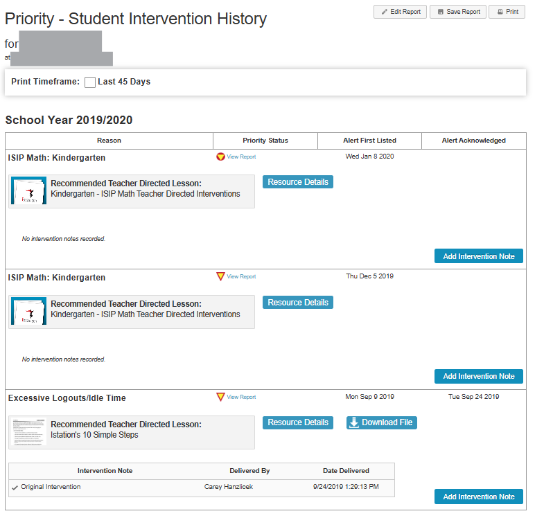 Math/Lectura: Priority - Student Intervention History