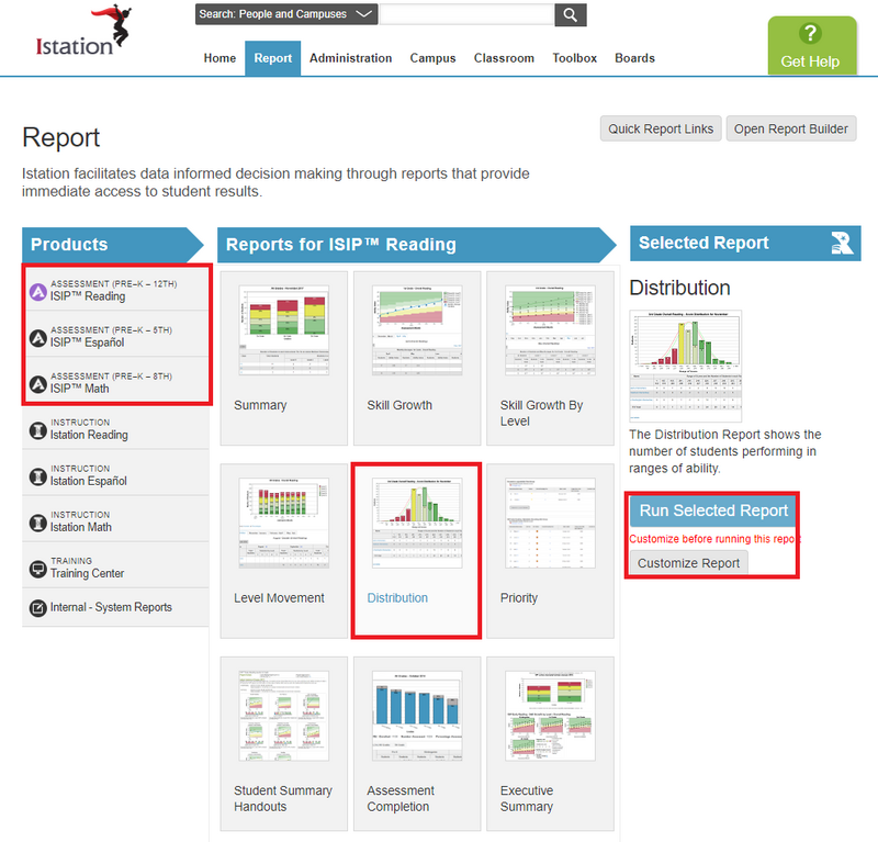 Lectura/Math and Legacy Reading ISIP: Distribution Report